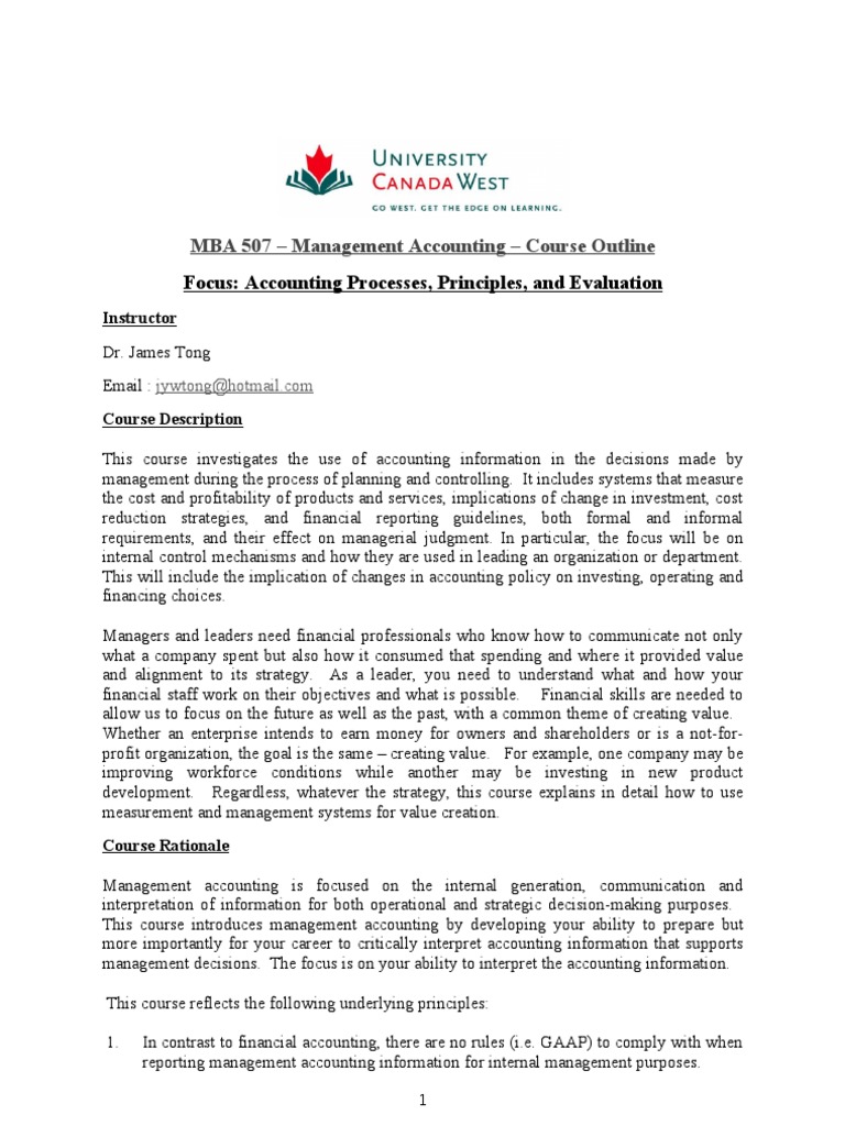 In-Class MBA 507 Course Outline (JT) | PDF | Management Accounting ...