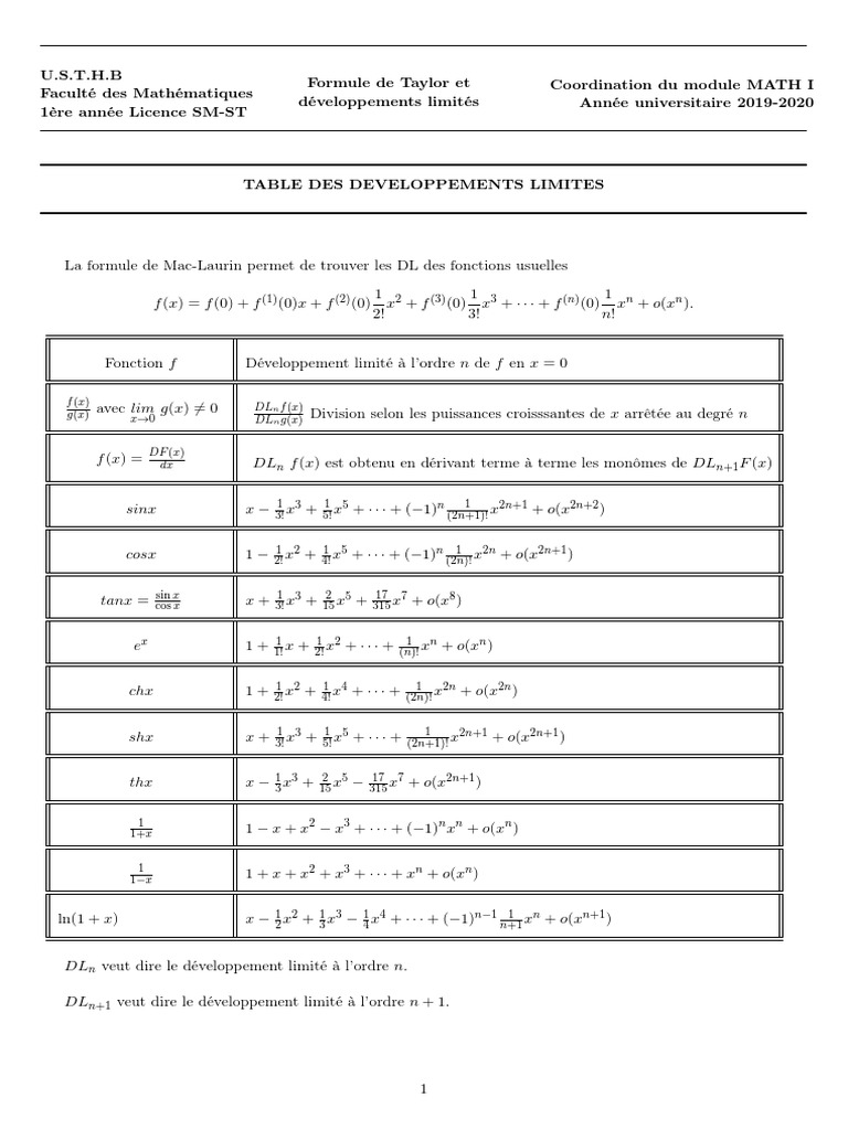 Table Dévelopements Limités Usuels PDF | PDF | Enseignement des ...