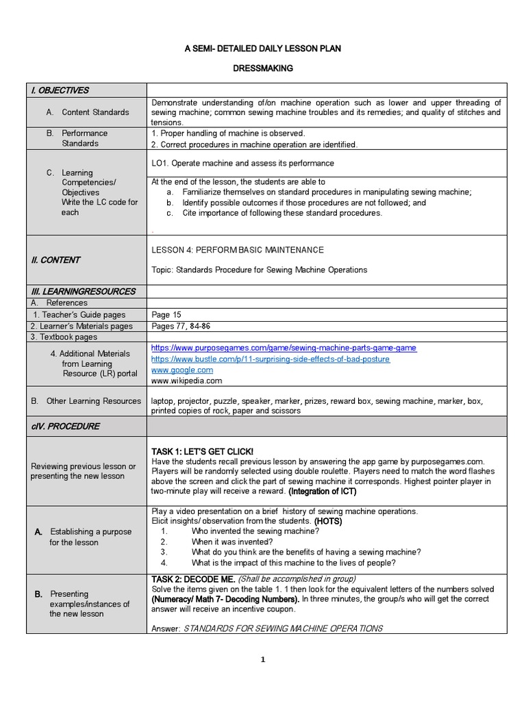 Standards Procedure For Sewing Machine Operations | PDF | Sewing ...