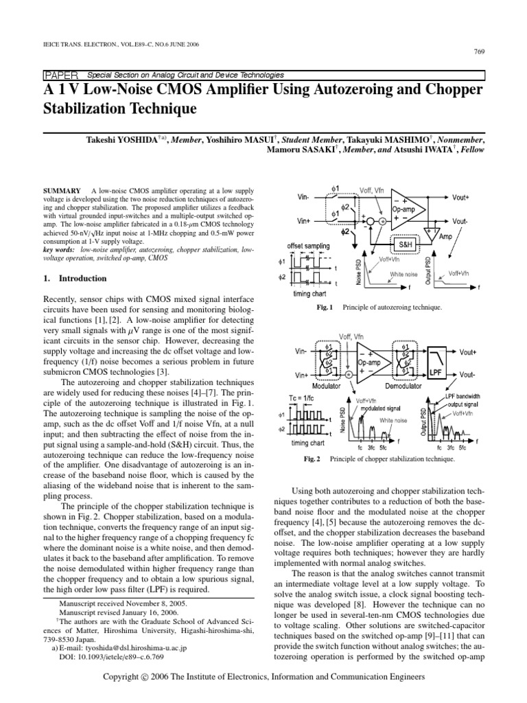 A 1 V Low-Noise CMOS Amplifier Using Autozeroing and Chopper ...