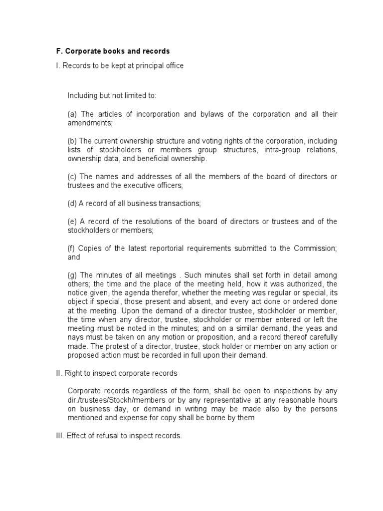 F. Corporate Books and Records | Download Free PDF | Corporations ...