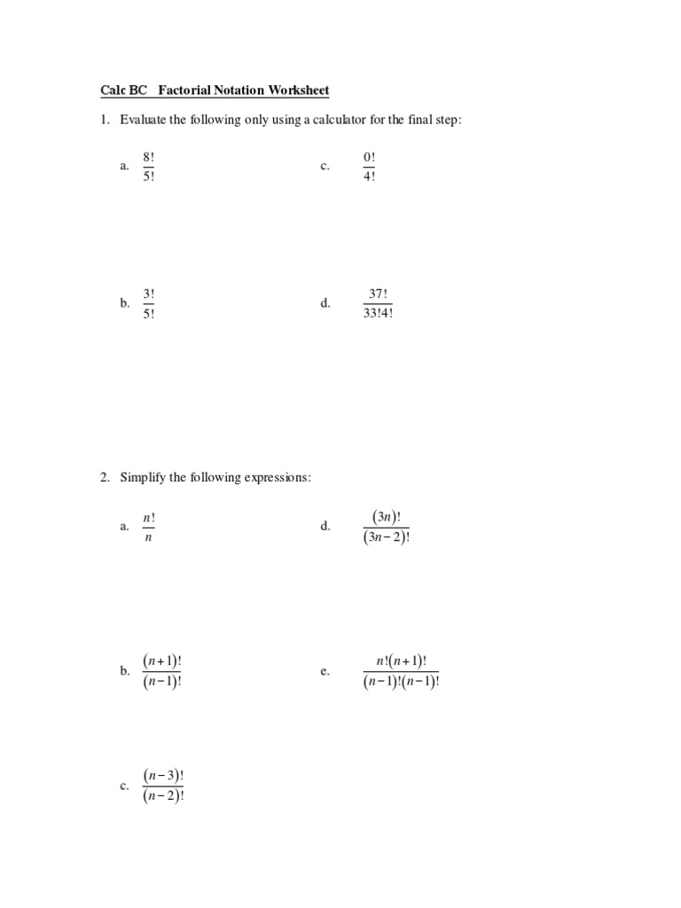 BC - Factorial Notation Worksheet PDF | PDF
