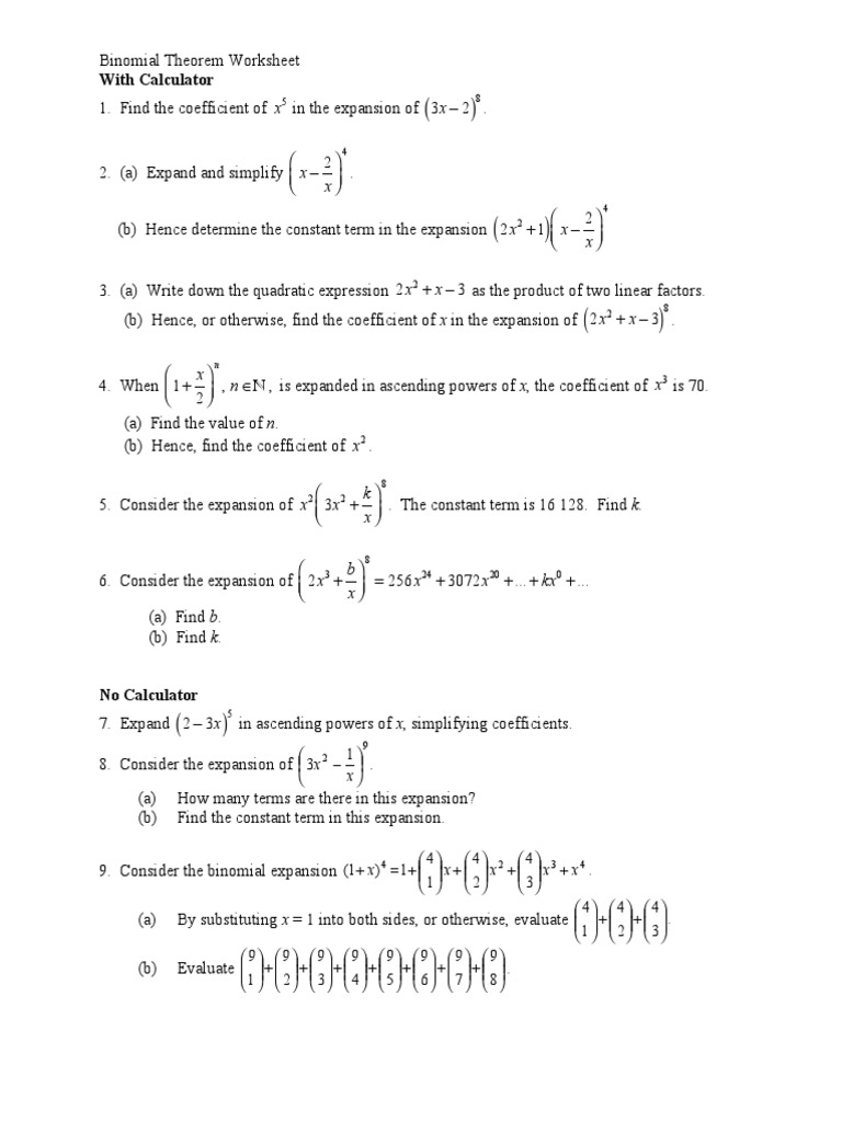 Binomial Theorem Practice Worksheet | PDF | Teaching Mathematics ...