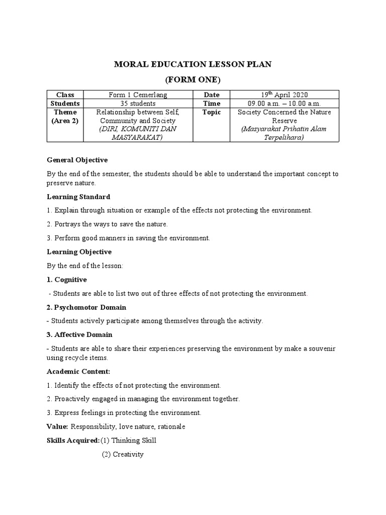 Moral Education Lesson Plan (Form One) : (Diri, Komuniti Dan Masyarakat ...