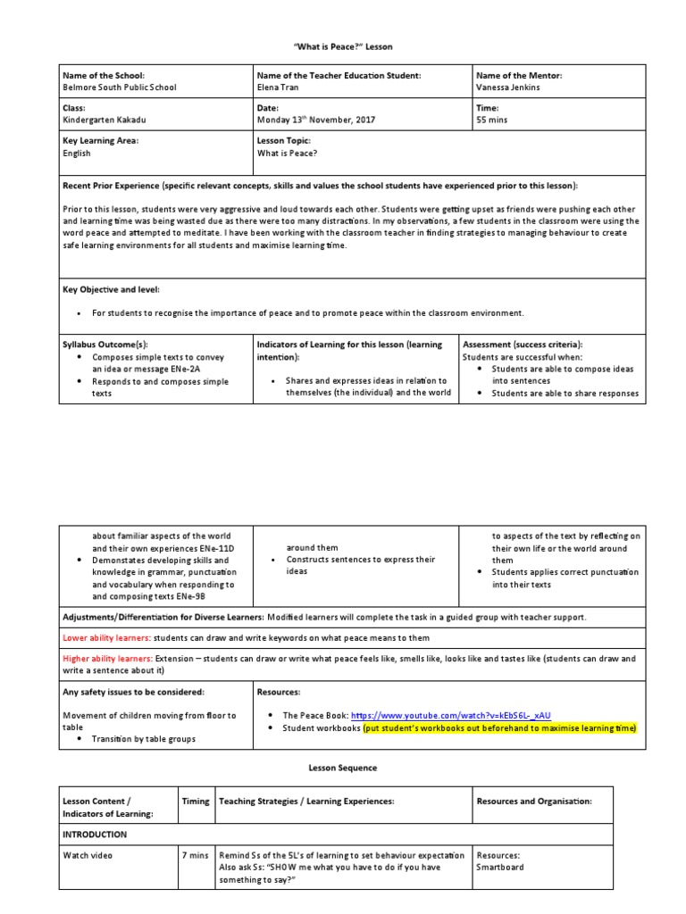 Peace Lesson Plan | PDF | Classroom | Lesson Plan