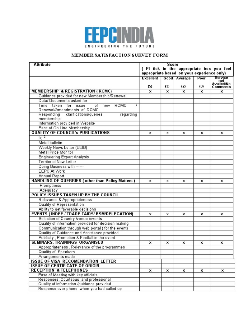 Member Satisfaction Survey Form: Excellent (5) Good (3) Average (2 ...