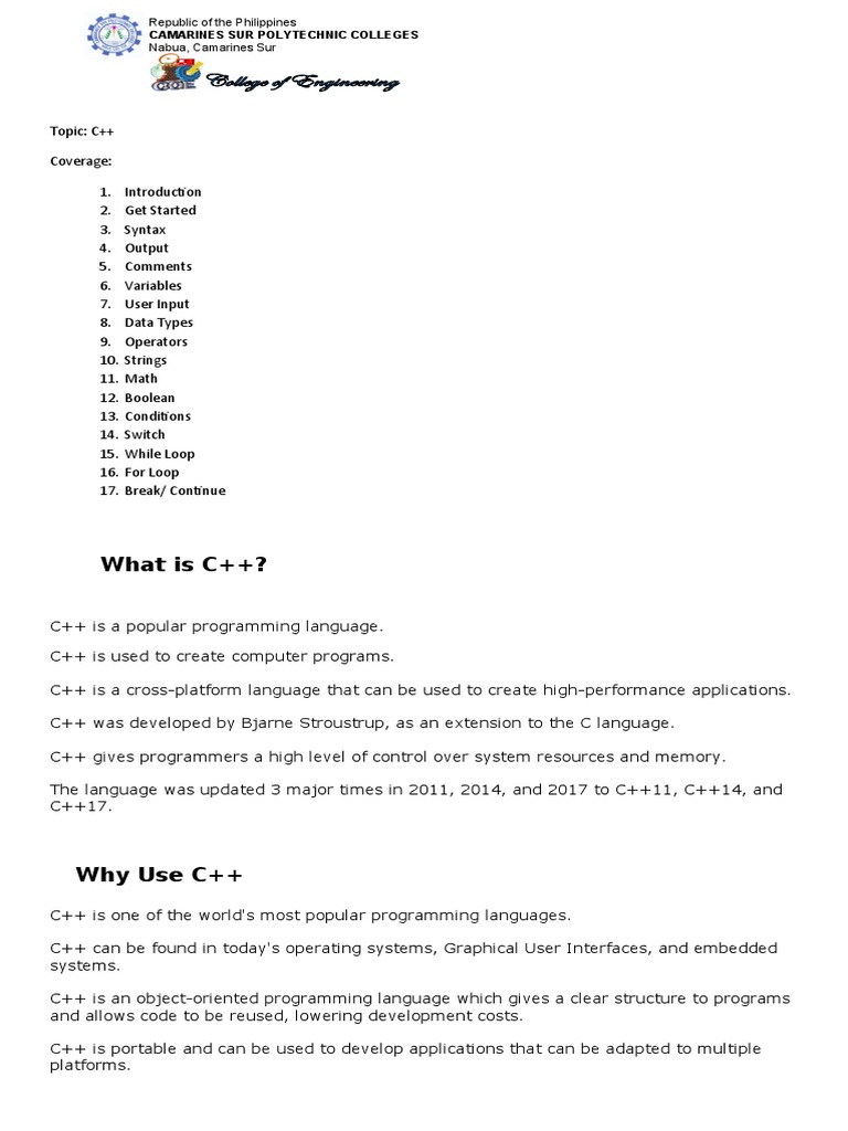 What Is C++?: Camarines Sur Polytechnic Colleges | Download Free PDF ...