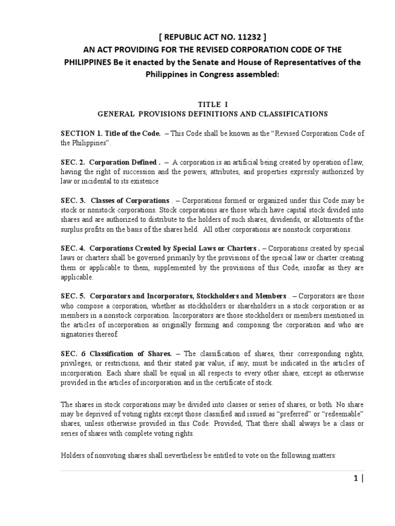 Revised Corpo Law Codal | PDF | Corporations | Stocks