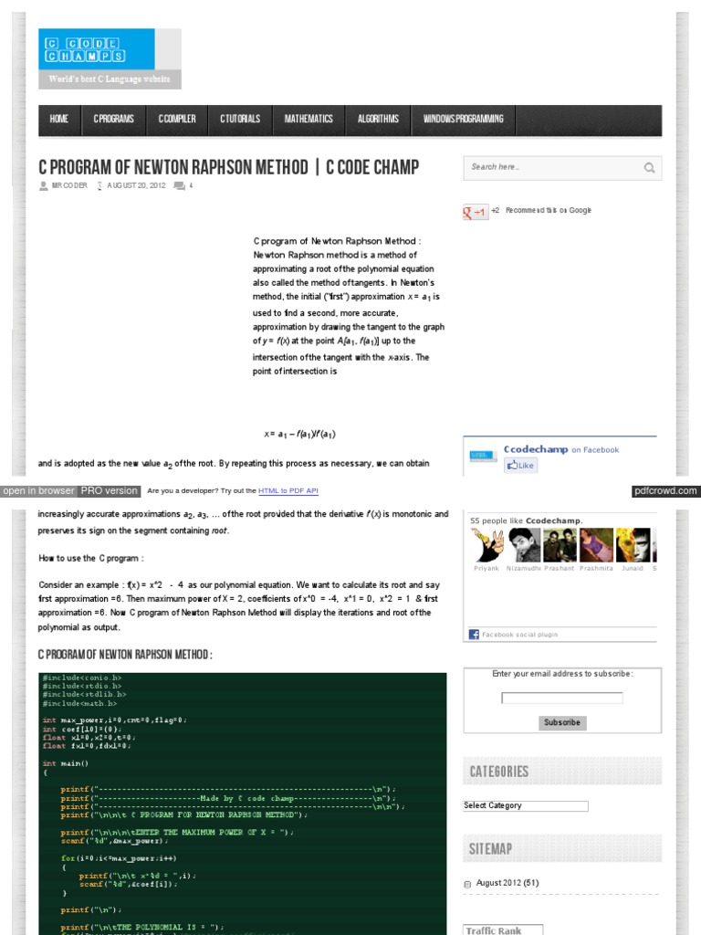 Idoc - Pub - Ccodechamp Com C Program of Newton Raphson Method C Code Cha PDF | PDF | Zero Of A ...