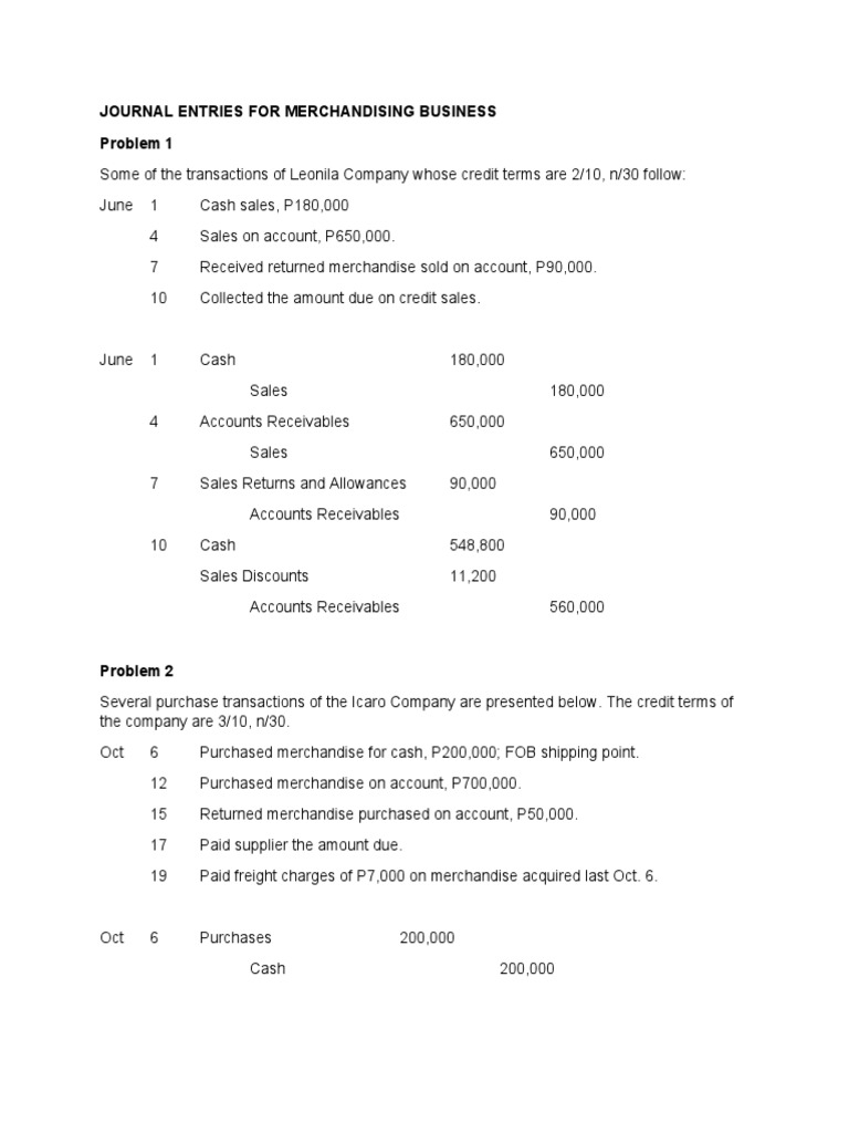 Journal Entries For Merchandising Business Problem 1 | PDF | Receipt ...