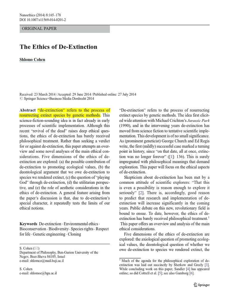The Ethics of De-Extinction | PDF | Extinction | Rights