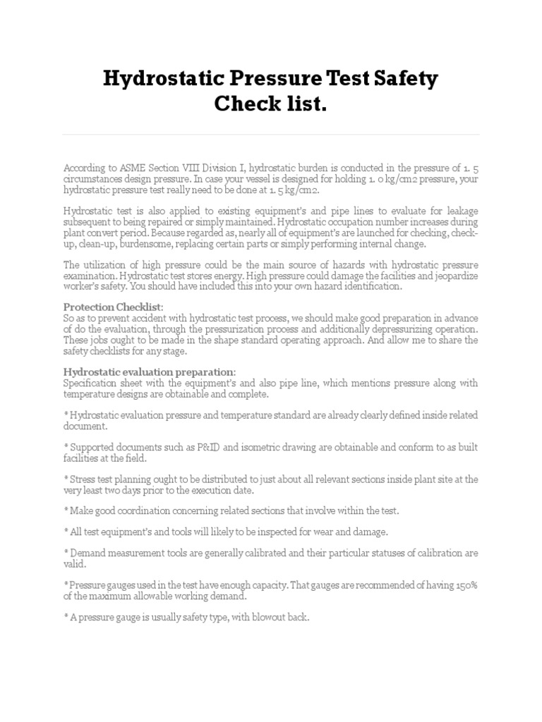 Hydrostatic Pressure Test Safety Check List.: Protection Checklist ...