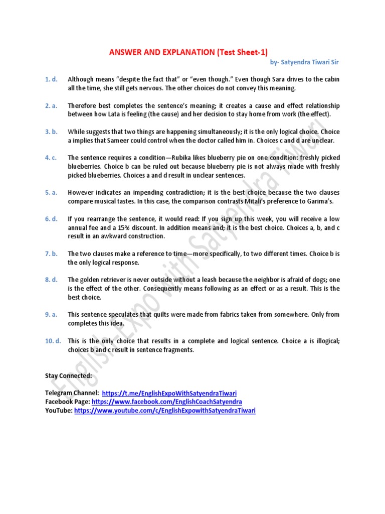 English Test Sheet Answers Explained | PDF | Language Arts & Discipline
