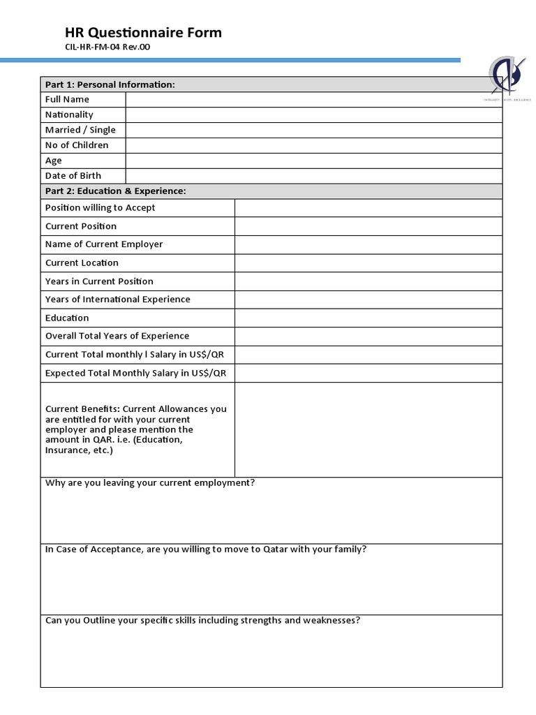 HR Questionnaire Form: Part 1: Personal Information | PDF | Career & Growth