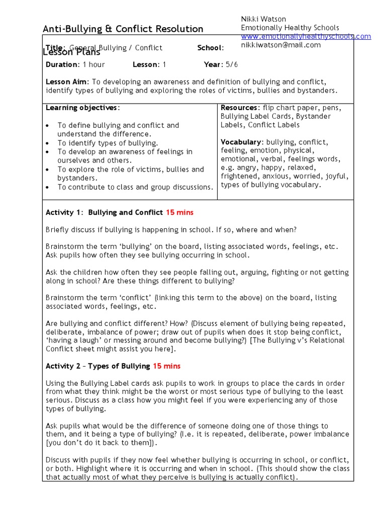 Bullying and Conflict Resolution Lesson | PDF | Bullying | Cognitive ...