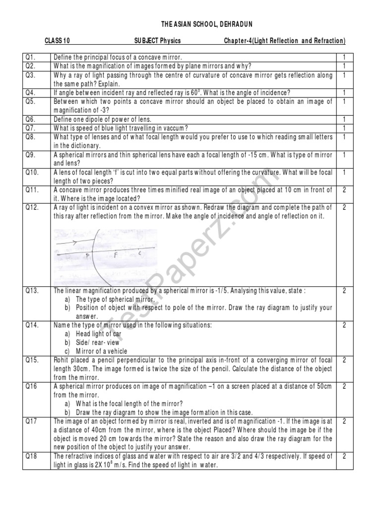 Asian-School Light Reflection and Refraction Sample Paper 2019 | PDF ...
