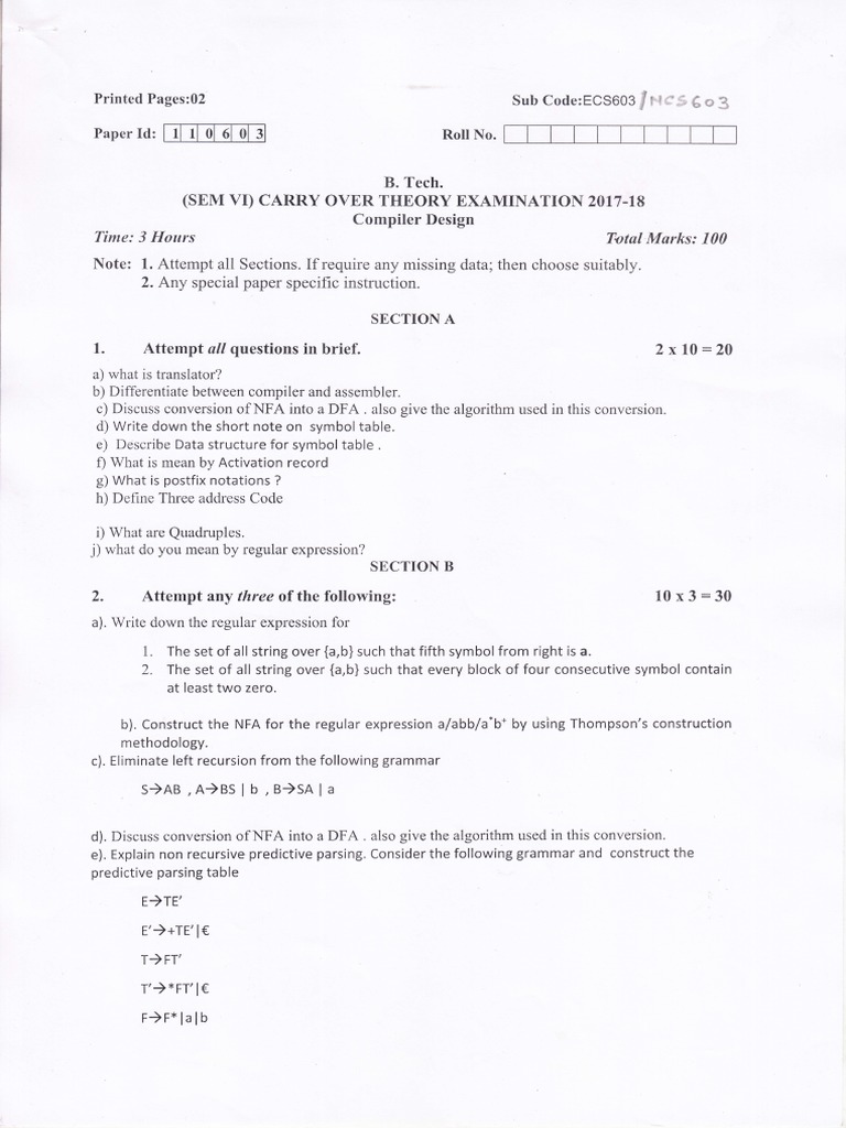 Compiler Design NCS-603 PDF | PDF | Parsing | Regular Expression Compiler Design NCS-603 PDF | PDF | Parsing | Regular Expression