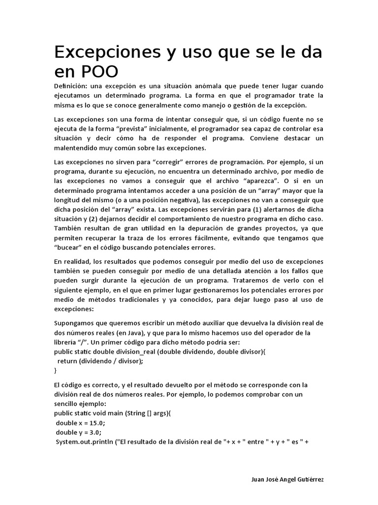 Excepciones y Uso Que Se Le Da en POO | PDF | Java (lenguaje de programación) | Estructura de ...