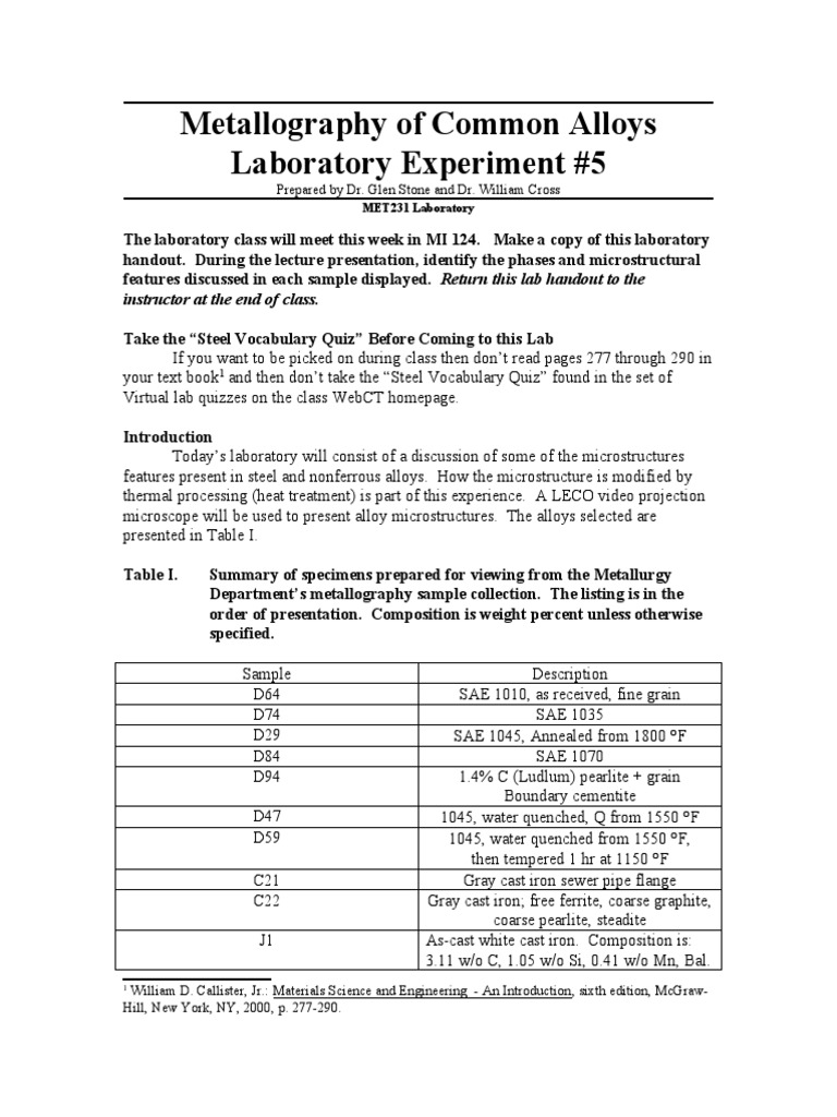 Metallography of Common Alloys Laboratory Experiment #5: Instructor at ...