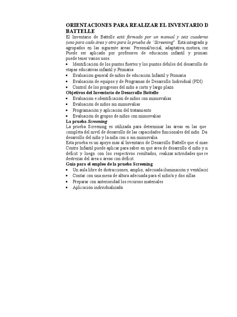 El Inventario de Desarrollo de Battelle. Screening - Excel | PDF ...