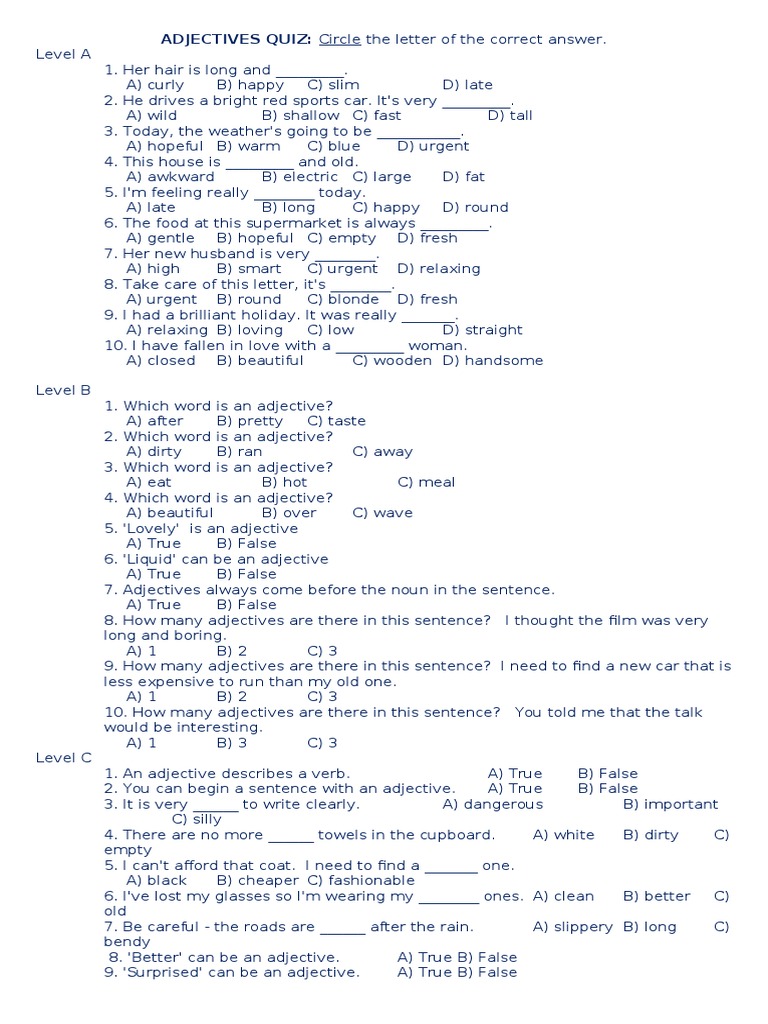 ADJECTIVES QUIZ: Circle The Letter of The Correct Answer | Download ...