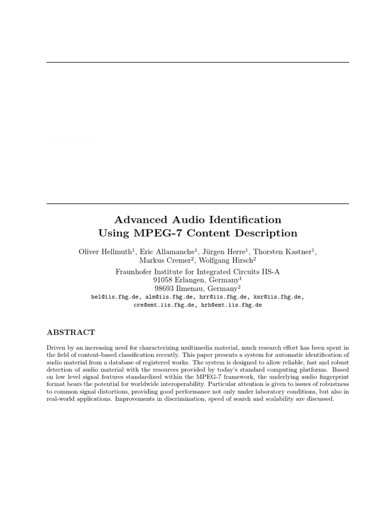 Advanced Audio Identification Using MPEG-7 Content Description | PDF | Data Compression | Metadata