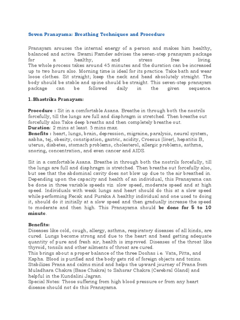 Seven Pranayama: Breathing Techniques and Procedure | PDF | Breathing ...