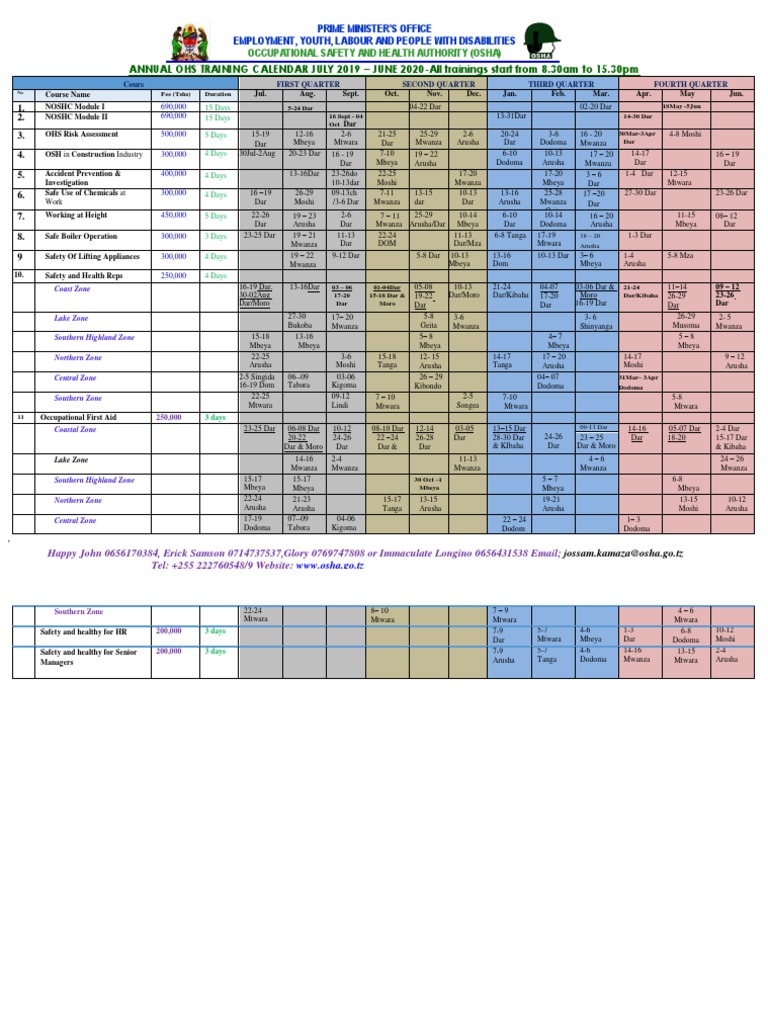 2019-20 Osh Training Calender | PDF | Occupational Safety And Health ...