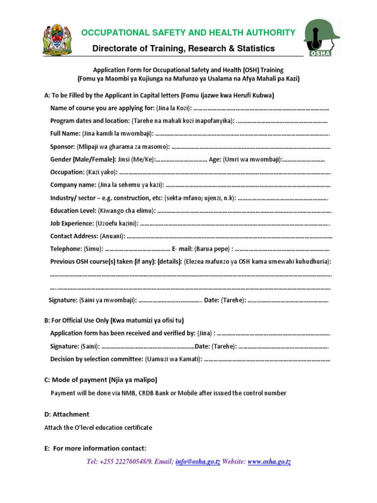 Application Form Osh Training | PDF