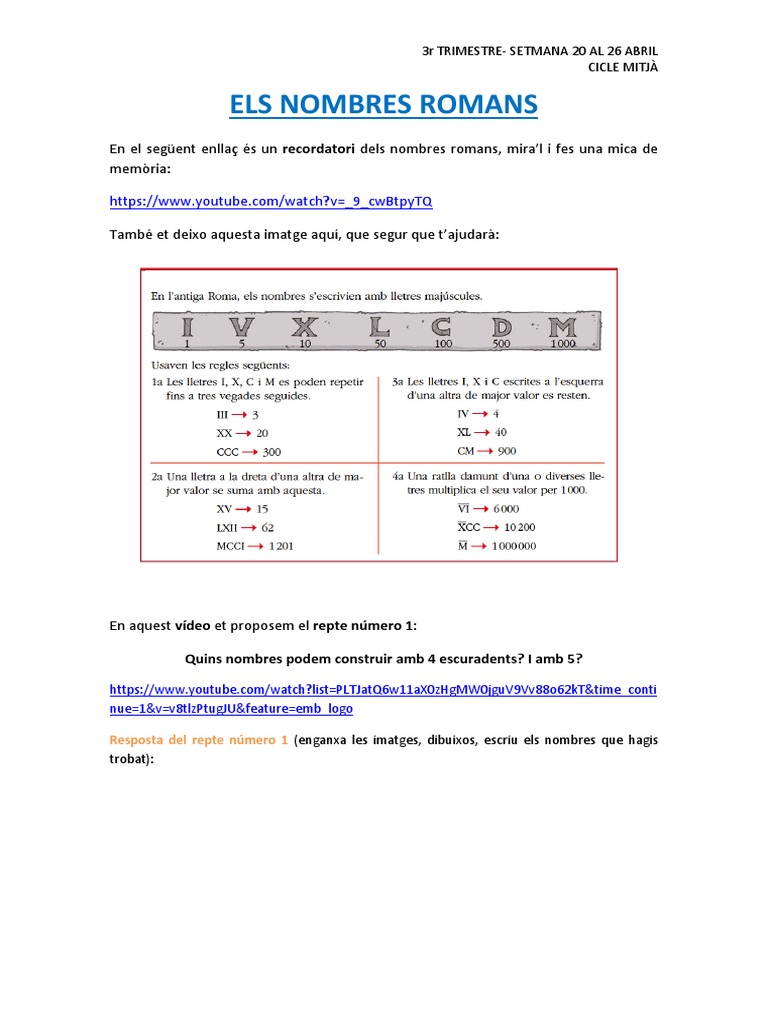 Matemàtiques - ELS NOMBRES ROMANS | PDF