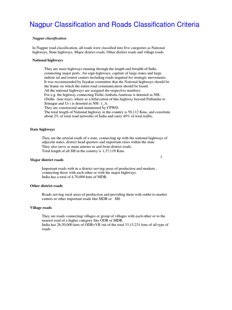Nagpur Classification and Roads Classification Criteria | PDF | Road ...