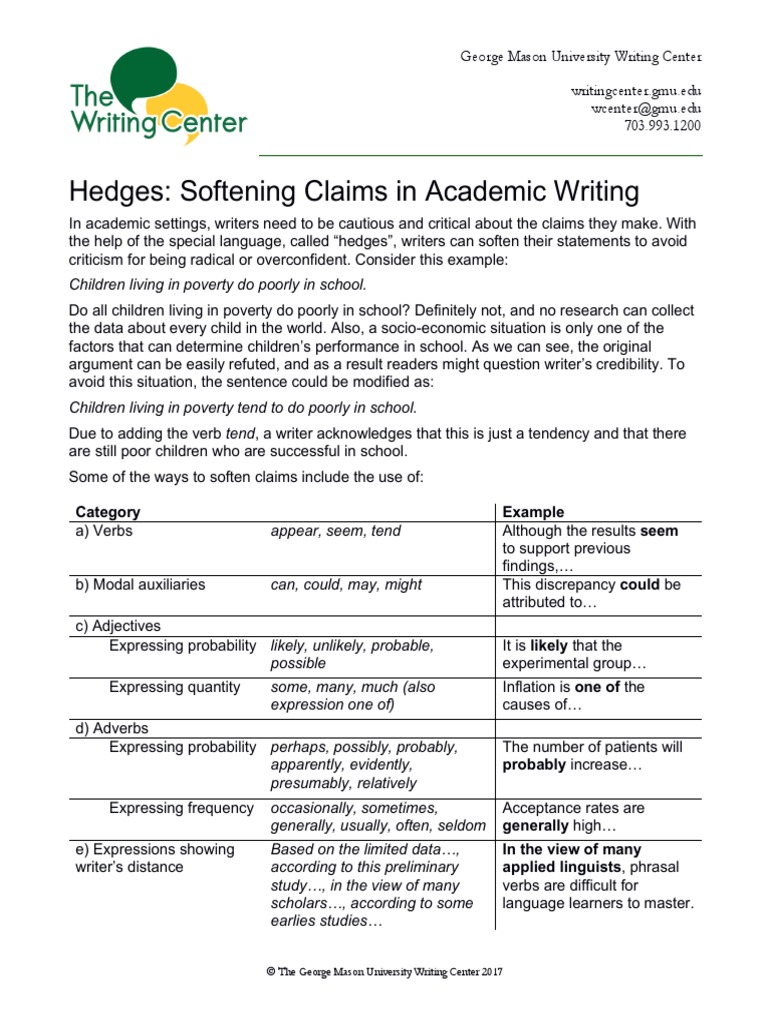 Hedges: Softening Claims in Academic Writing | PDF | Verb | Human ...