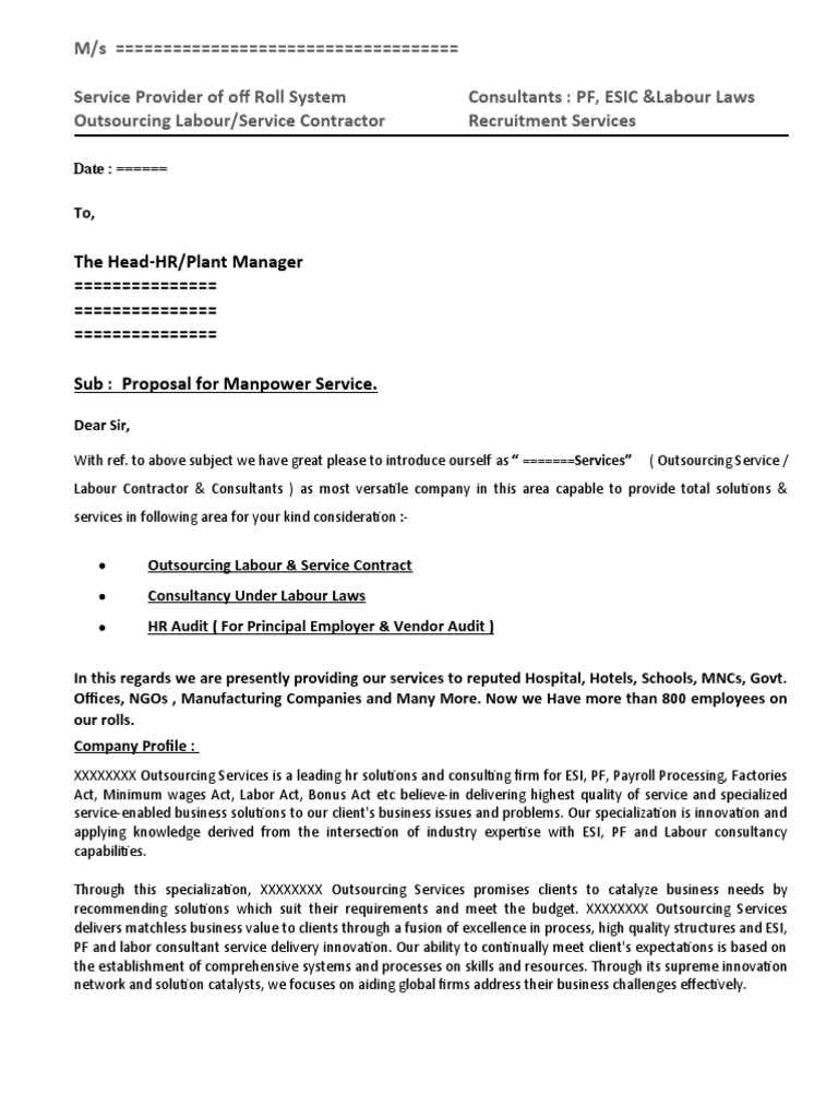 Manpower Supply Quotation Format | PDF | Outsourcing | Consultant
