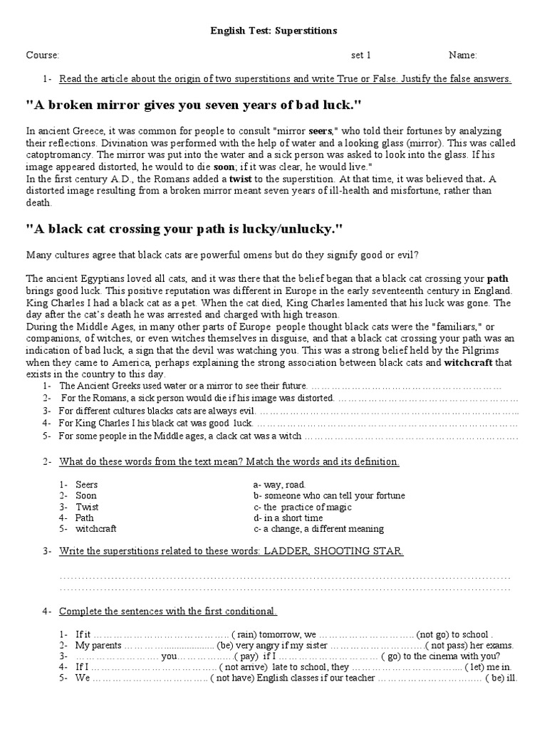 "A Broken Mirror Gives You Seven Years of Bad Luck.": English Test ...
