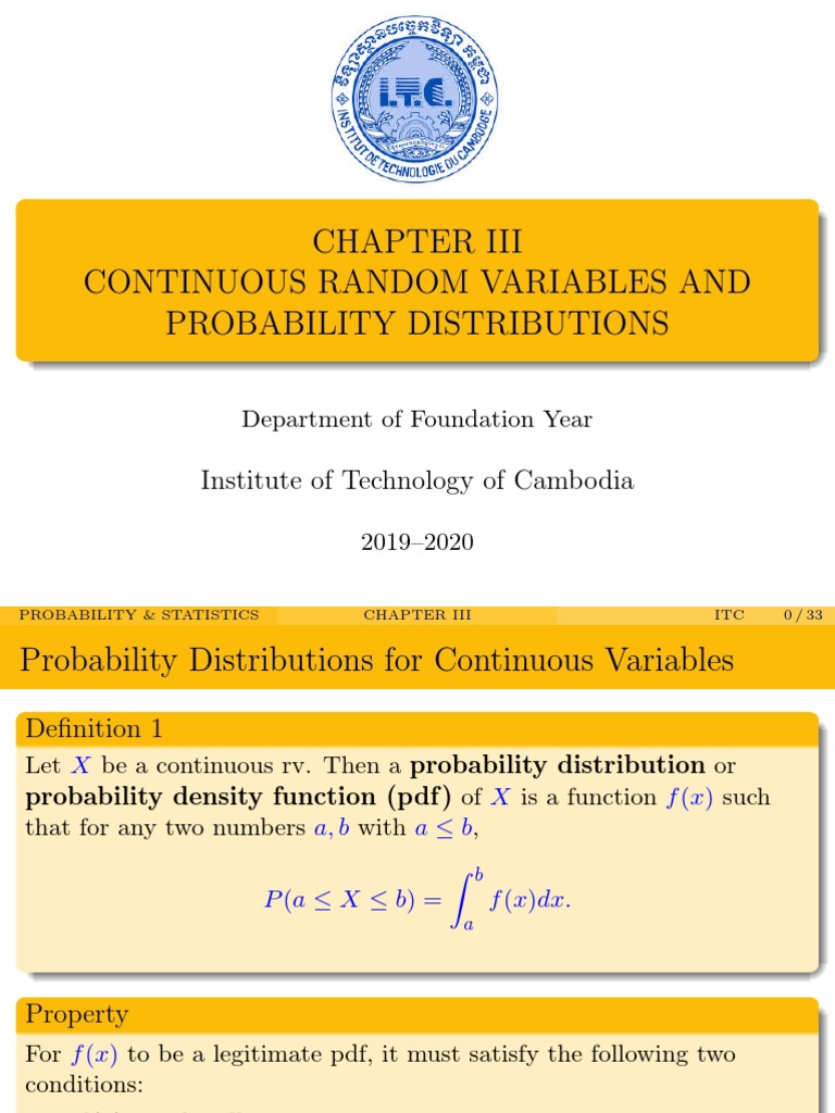 Continuous Random Variables and Probability Distributions: Institute of Technology of Cambodia ...