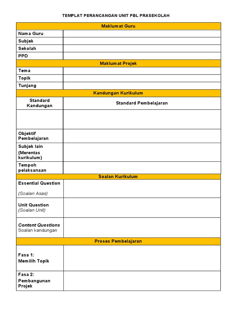Templat Perancangan Unit PBL Prasekolah Versi PKP 2 Mei 2020 | PDF