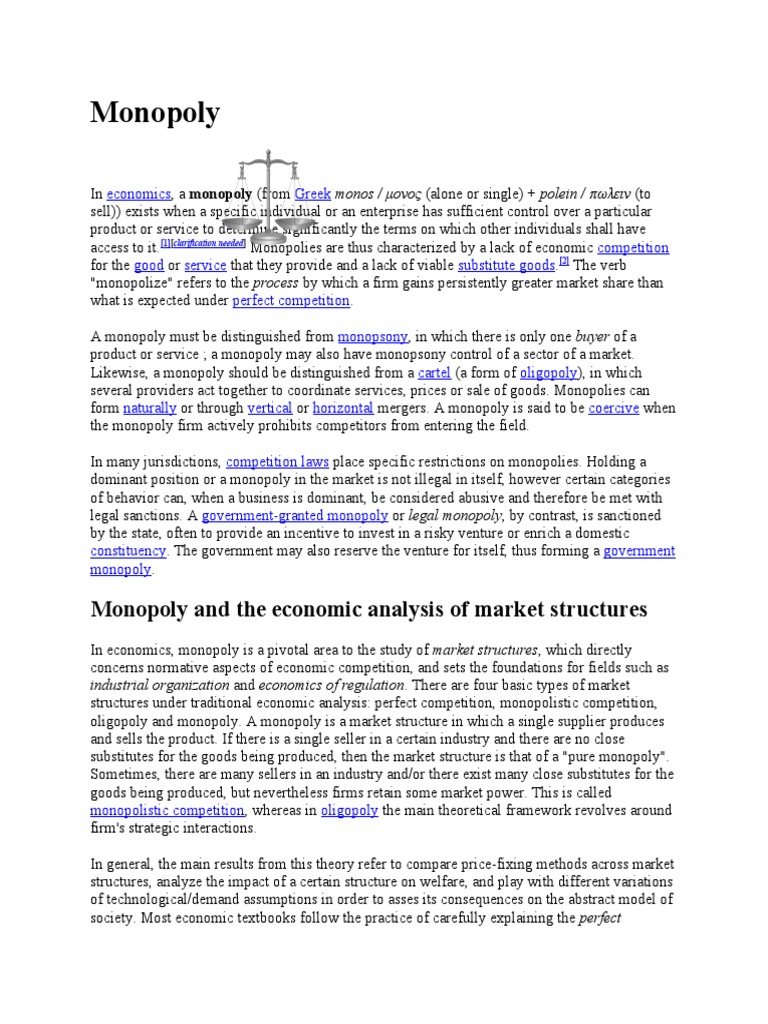 Monopoly: Monopoly and The Economic Analysis of Market Structures | PDF ...
