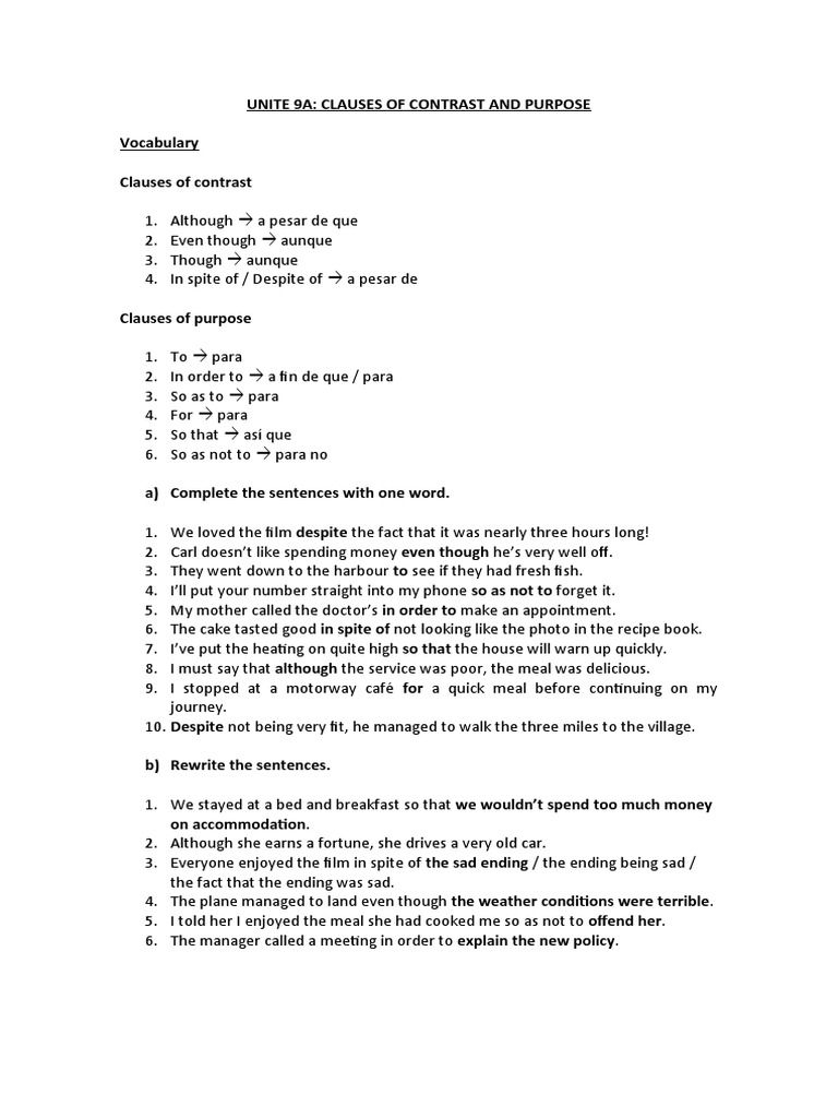 Exercises on Contrast and Purpose Clauses | PDF