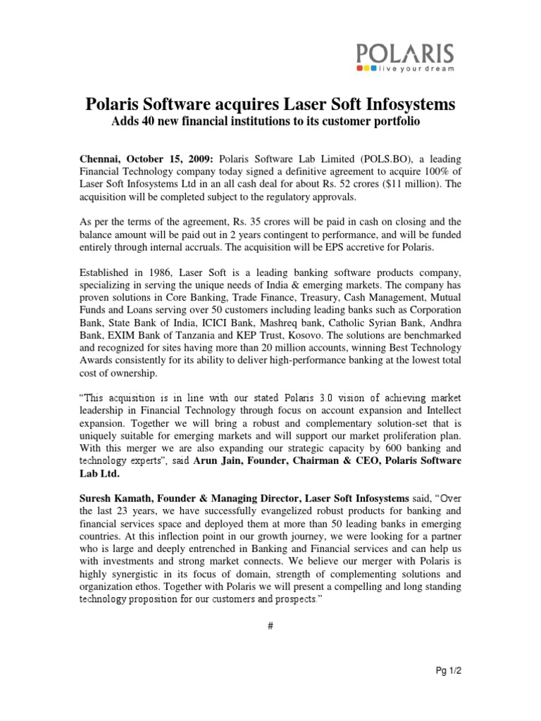 Polaris Software Acquires Laser Soft Infosystems: Adds 40 New Financial ...