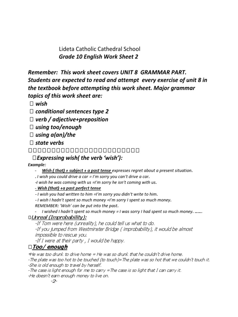 Lideta Catholic Cathedral School Grade 10 English Work Sheet 2 | PDF ...