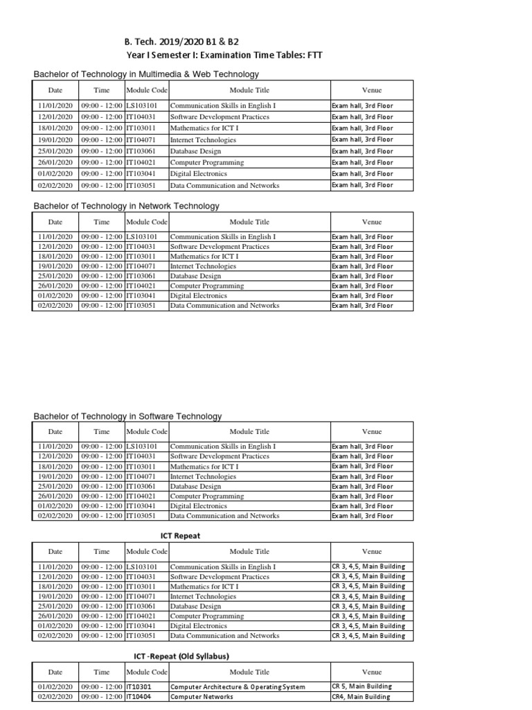 B. Tech. 2019/2020 B1 & B2 Year I Semester I: Examination Time Tables ...
