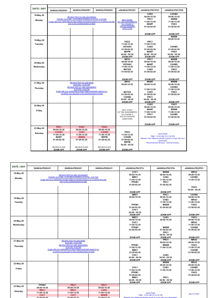 Class Schedule and Review Test Timetable for JEE Preparation | PDF