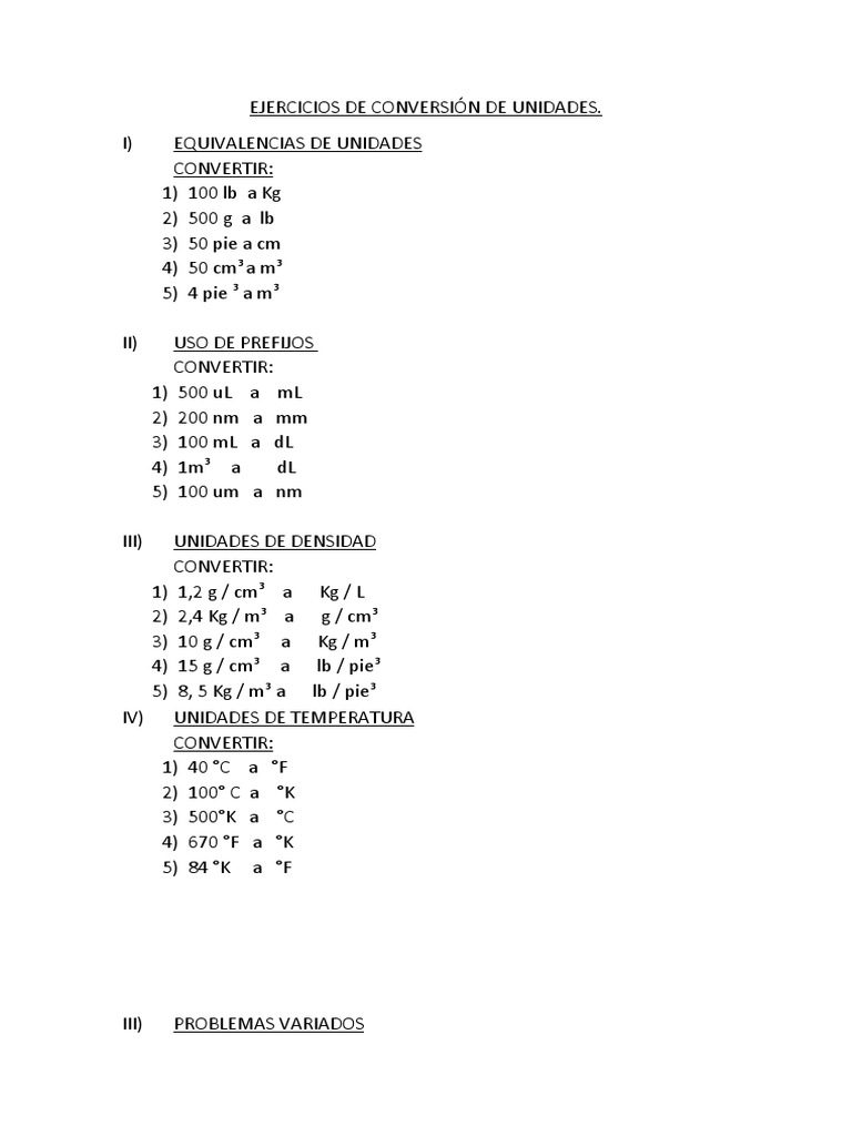 Ejercicios Sobre Conversion de Unidades | PDF