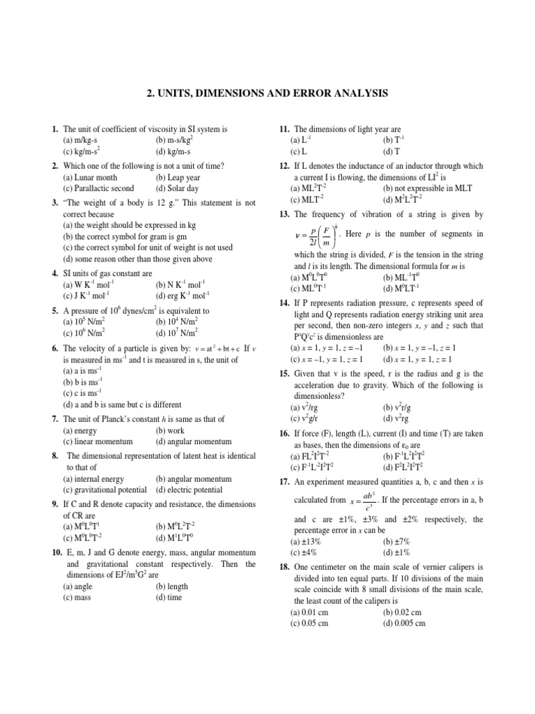 Units, Dimensions and Error Analysis: M F L P | PDF | Applied And ...