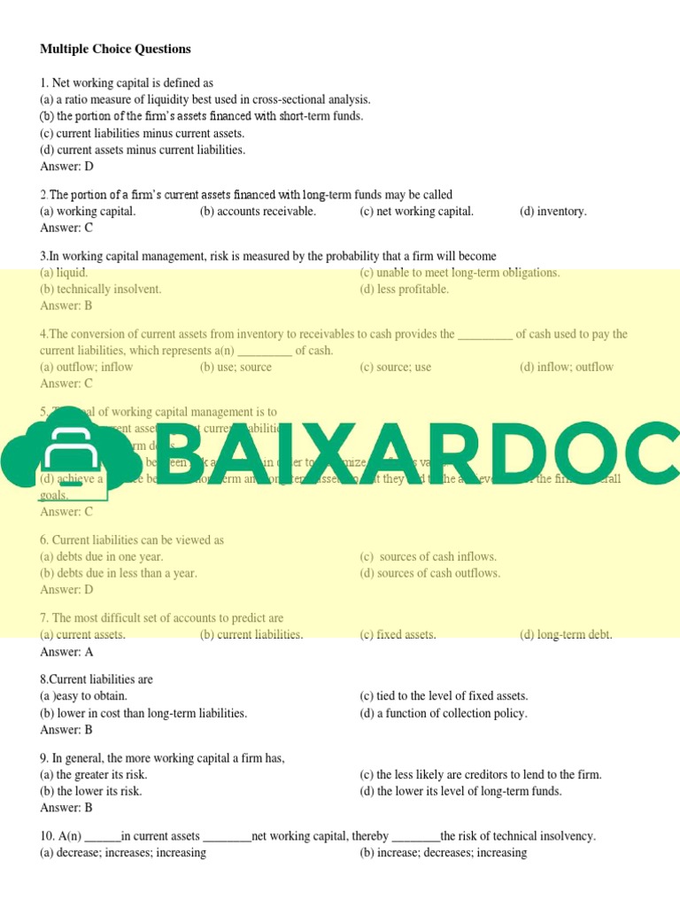 Multiple Choice Questions | PDF | Working Capital | Financial Economics