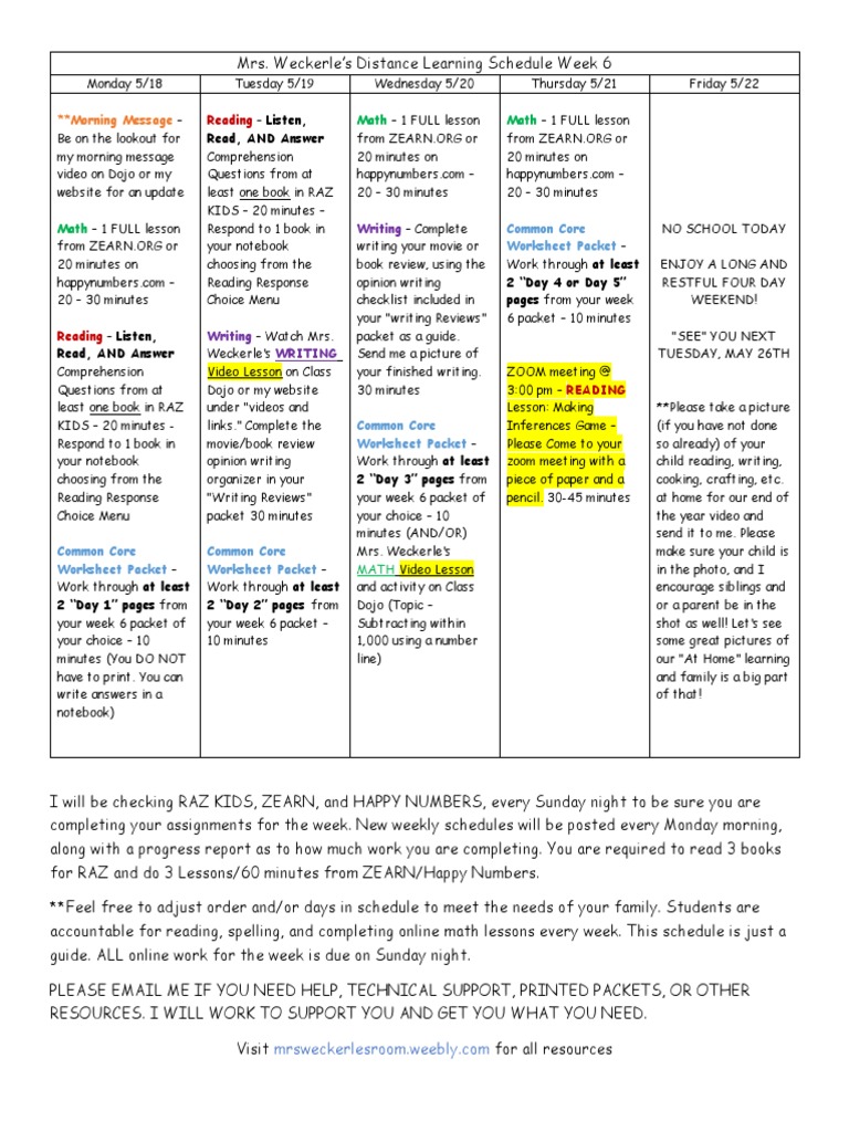 Week 6 Distance Learning Schedule | PDF | Worksheet | Learning