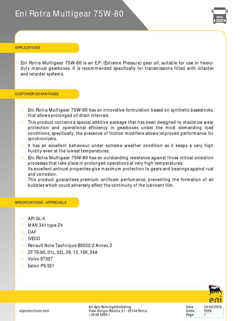 Eni Rotra Multigear 75W-80: Applications | PDF | Mechanical Engineering | Building Engineering