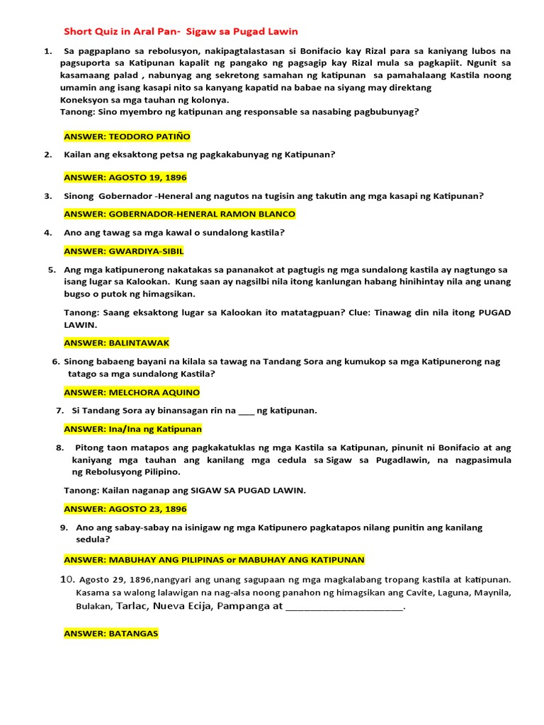 Sigaw Sa Pugad Lawin Short Quiz | PDF