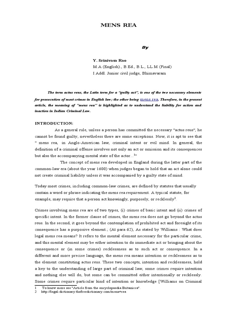Mens Rea: Understanding Criminal Intent | PDF | Mens Rea | Intention ...