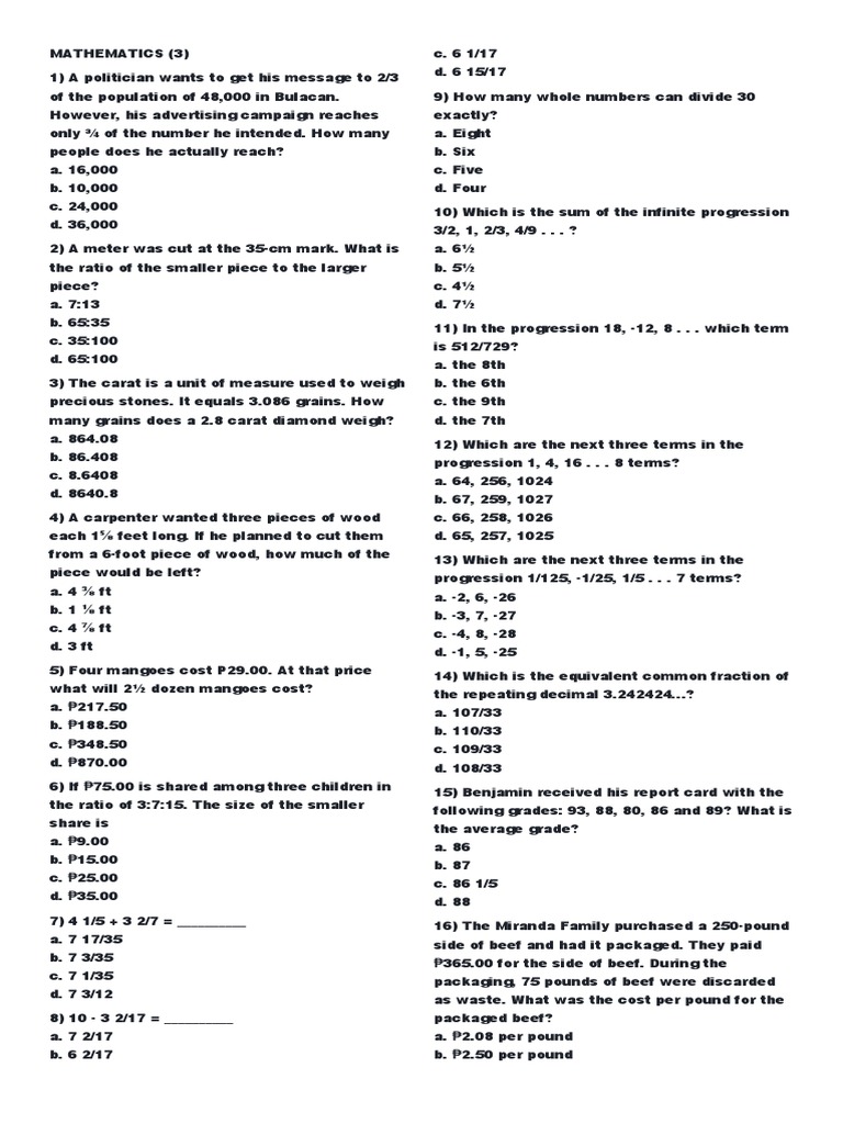 Math Problems for Students | PDF | Interest | Fraction (Mathematics)